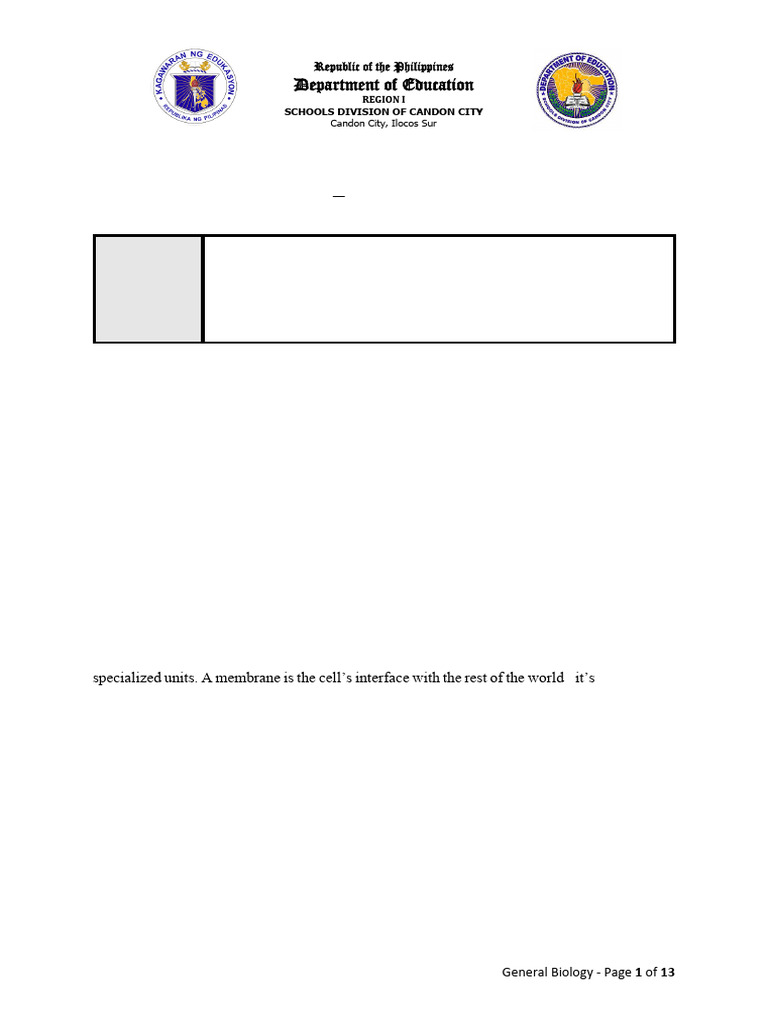 General-Biology-1 Q1 W6 M6 LDS Cell Membrane-1 ALG RTP | PDF