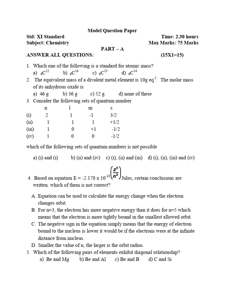 11th Chemistry Public Exam Official Model Question Paper 2018 | PDF
