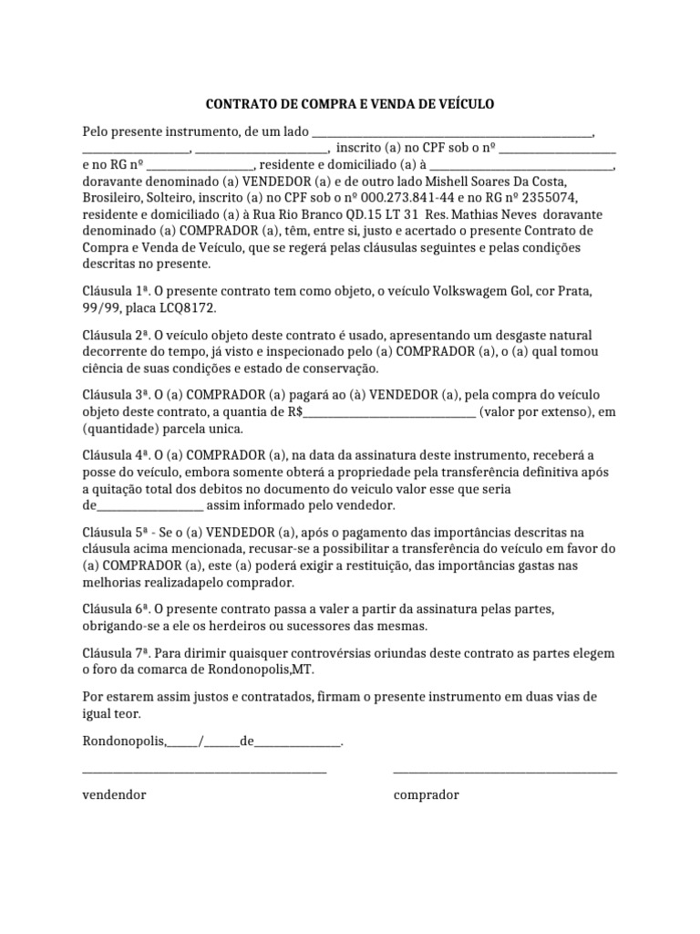 Modelo de Contrato de Compra e Venda de Veiculo | PDF