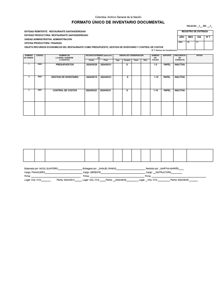 Formato Unico de Inventario Documental Gaes 1 | PDF