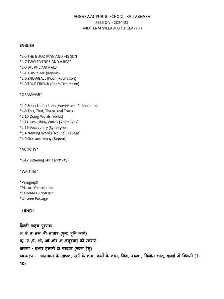 Class 1 Syllabus | PDF