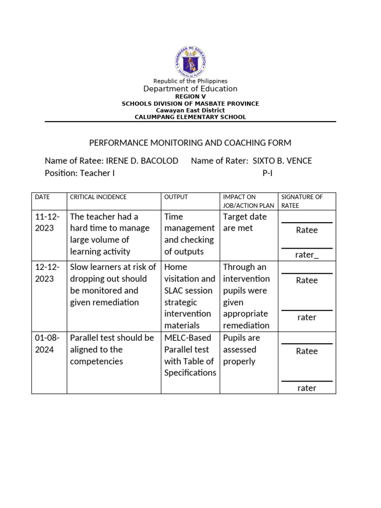 MONITORING AND COACHING FORM | PDF