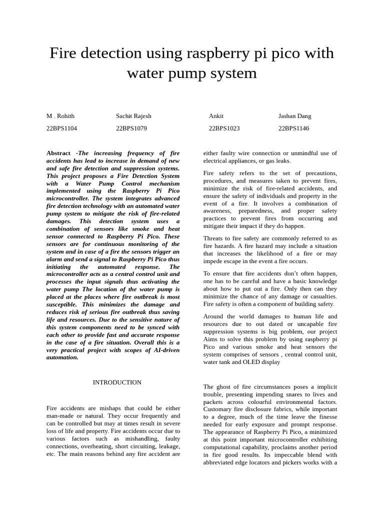 Fire detection using raspberry pi pico with water pump system | PDF