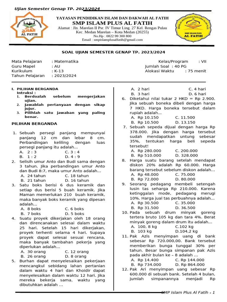 Pas Genap Matematika Kelas Vii | PDF