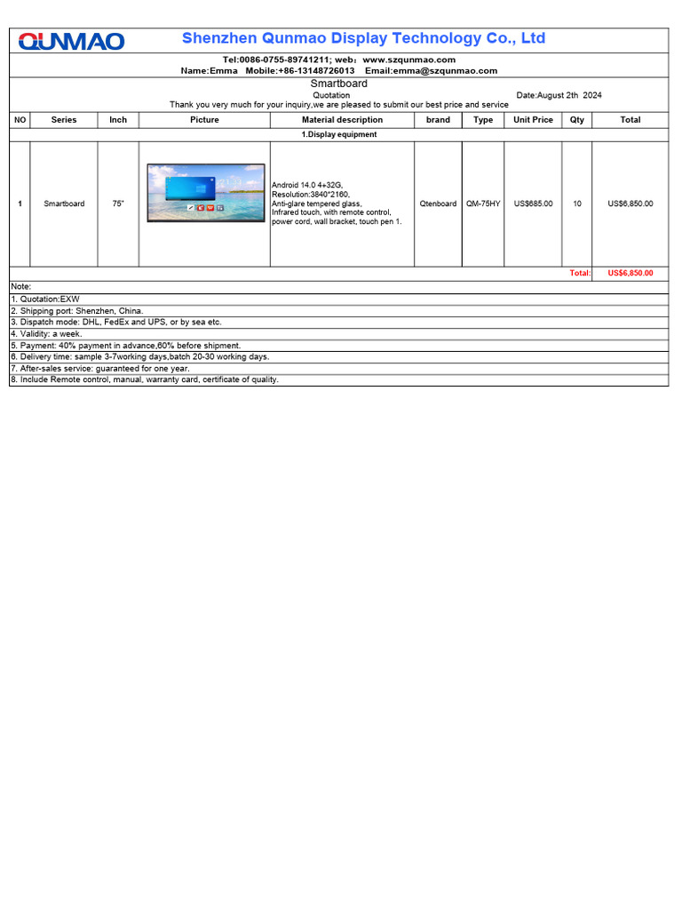 QUNMAO Smartboard Quotation | PDF