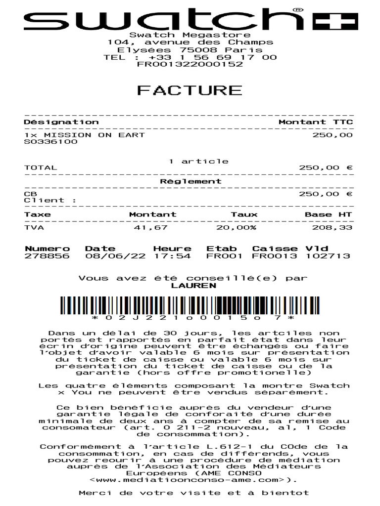Ticket Caisse Swatch | PDF