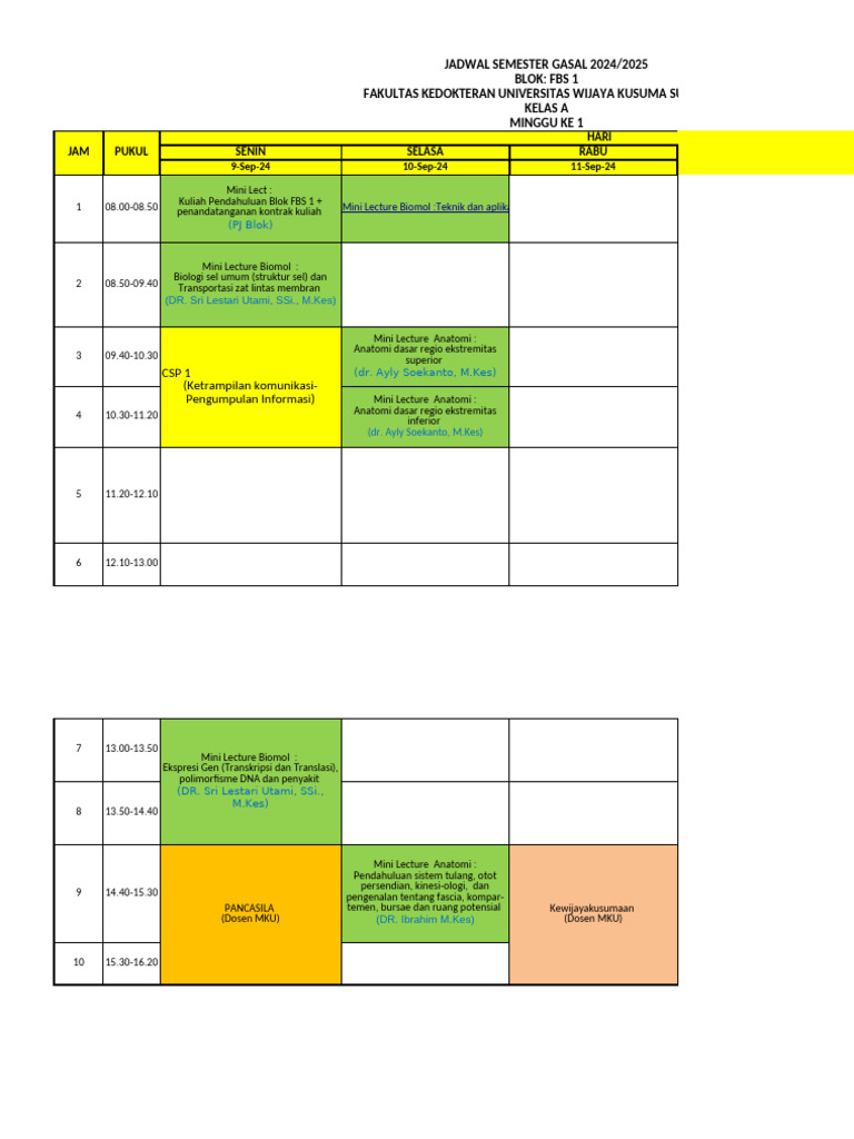 Jadwal FBS 1 - Semester Gasal 2024-2025 (Kelas A) - 20240905 | PDF