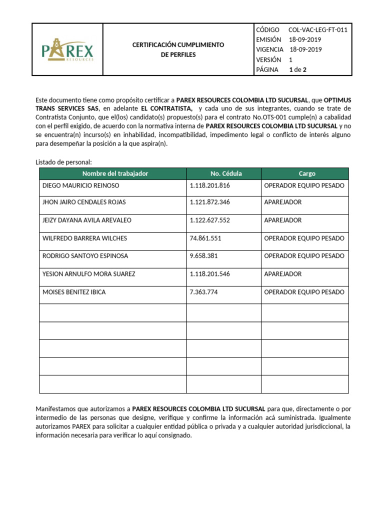 COL-VAC-LEG-FT-011 Certificación Cumplimiento de Perfiles 1 | PDF