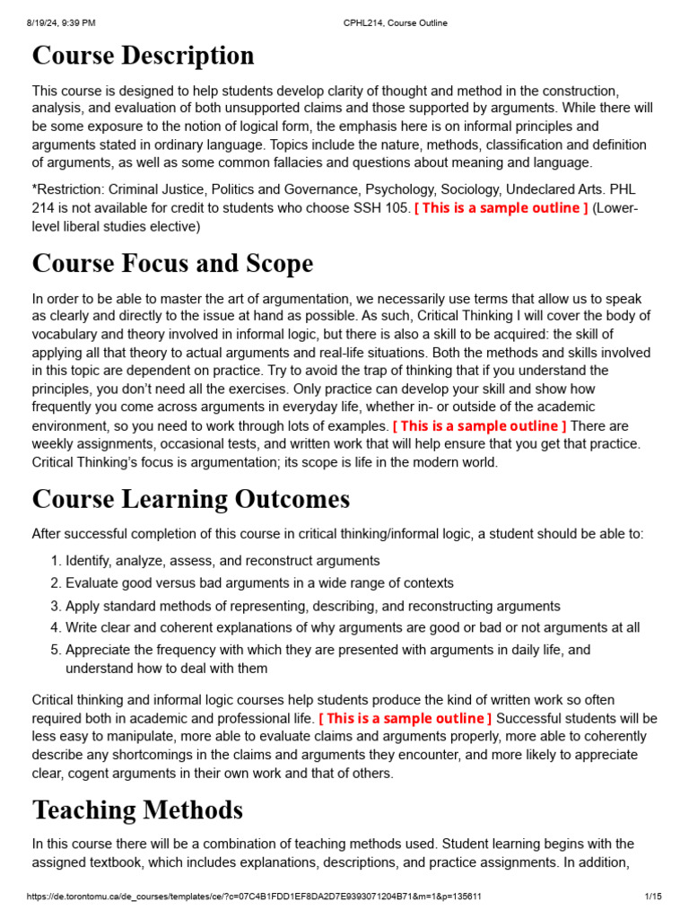 PHL214, Course Outline | PDF | Argument | Business