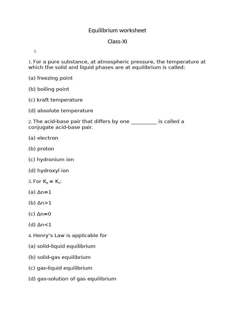 Equilibrium Worksheet Class-XI | PDF