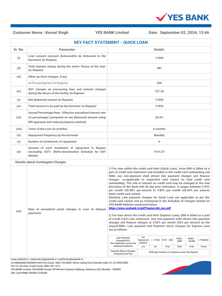 Key Fact Statement - Quick Loan: Customer Name: Komal Singh YES BANK Limited Date: September 02 ...