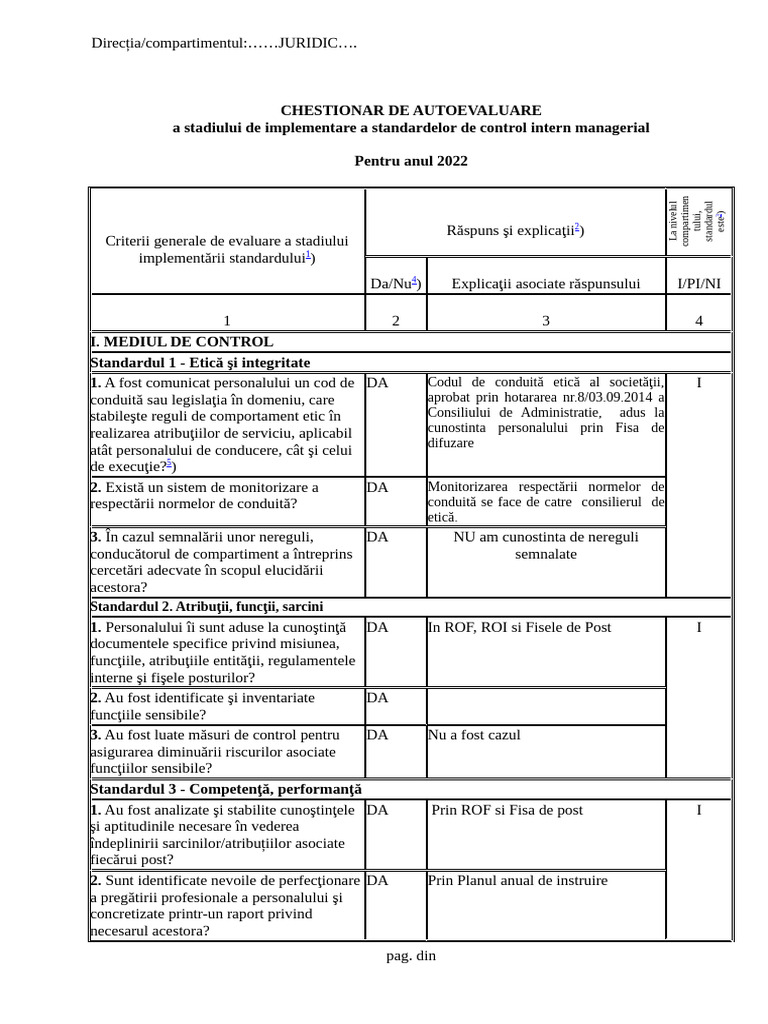 Autoevaluare Control Intern 2022 | PDF | Business | Computers