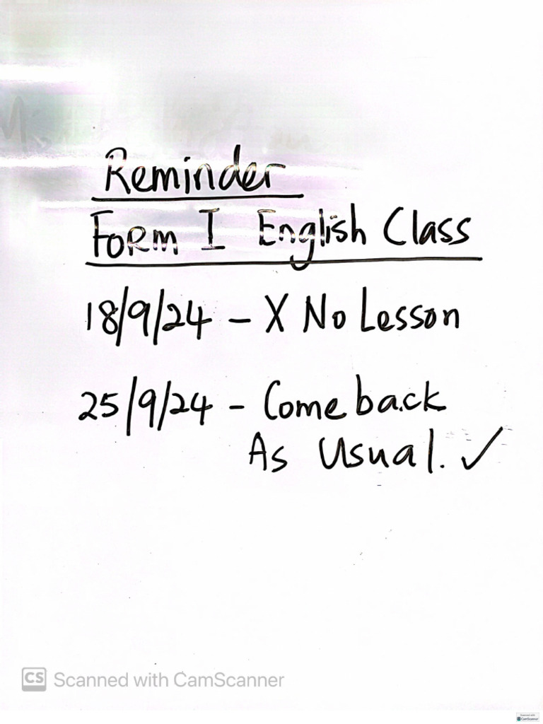 Form 1 English Class Reminder | PDF