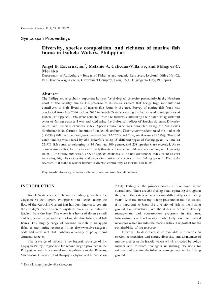 Diversity, Species Composition, and Richness of Marine Fish Fauna in ...