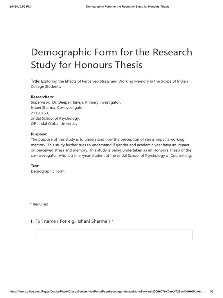 Demographic Form For The Research Study For Honours Thesis | PDF