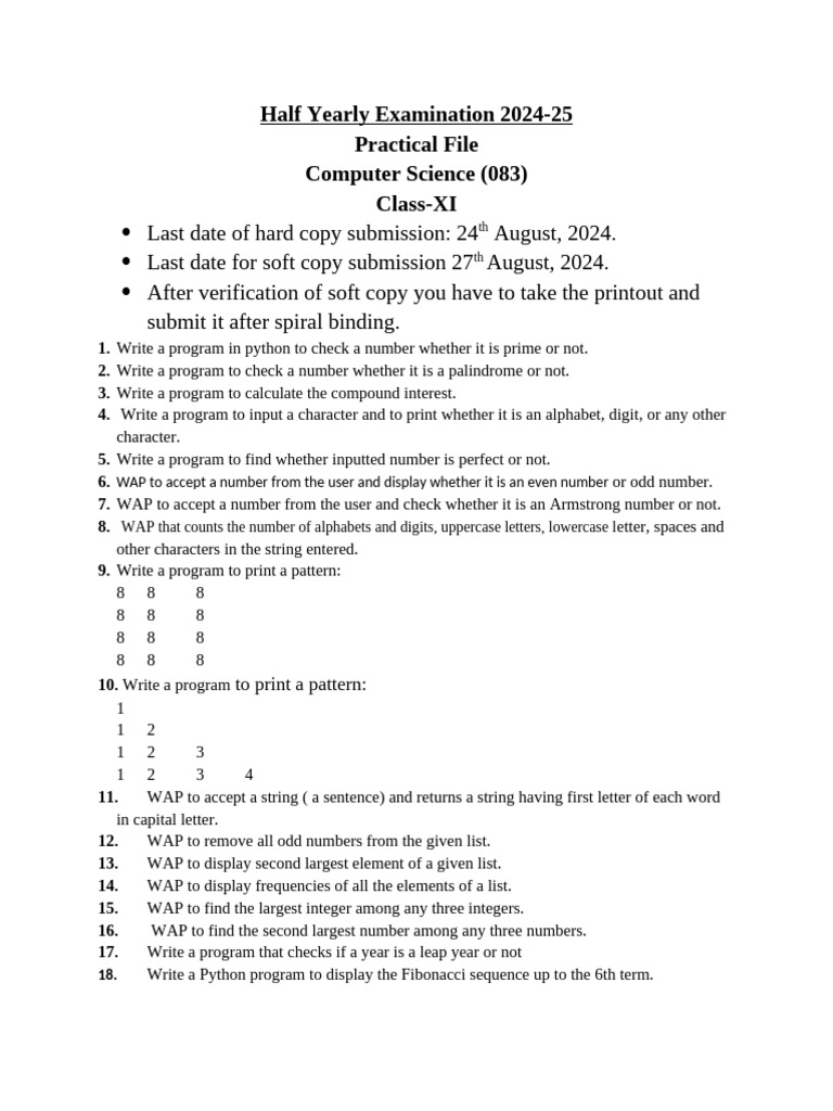 Half Yearly Practical File-XI CS | PDF