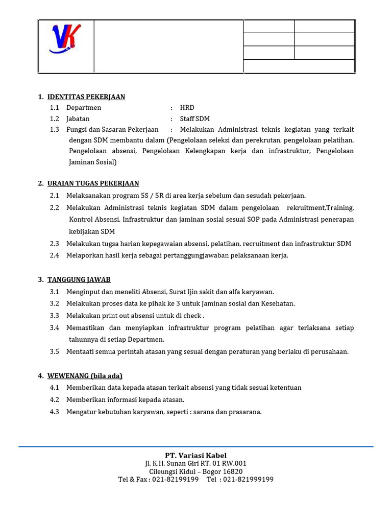 Salinan 1.2 Contoh Job Desc Staff SDM PT - VK | PDF