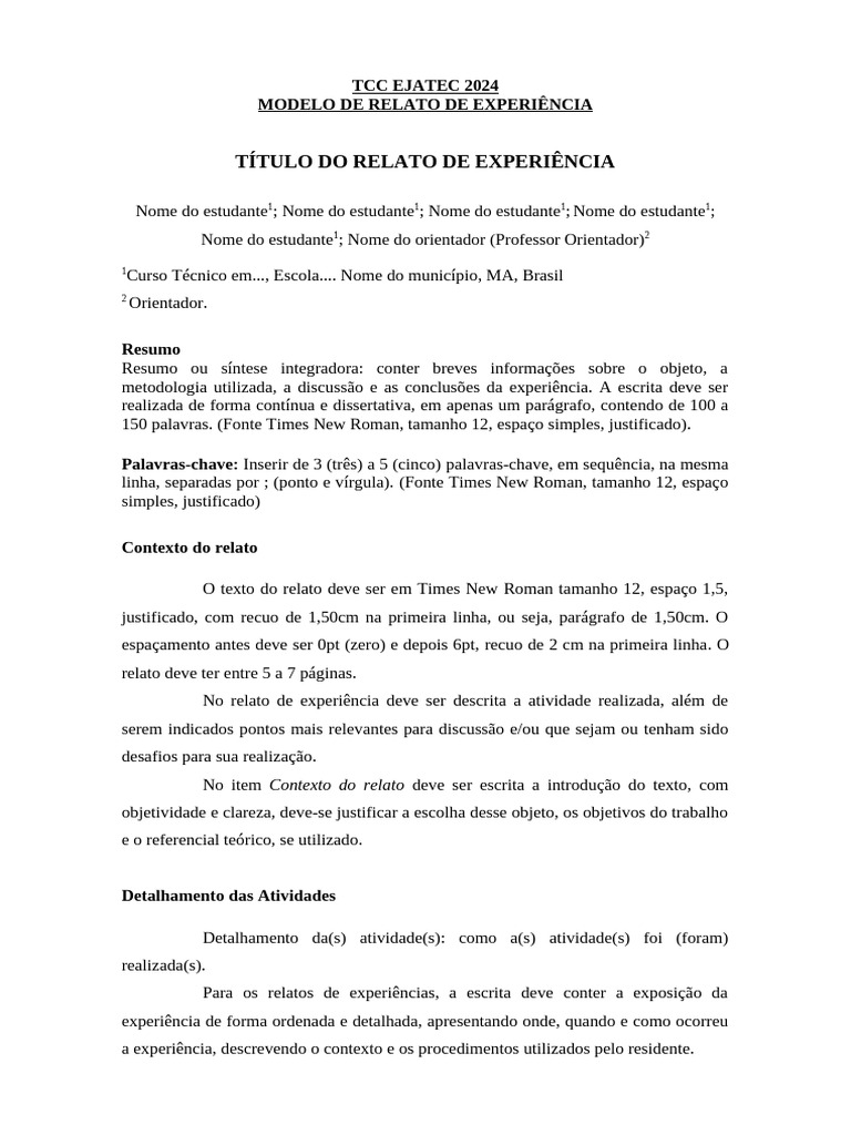 TCC 2024 - Modelo de Relato de Experiência | PDF TCC 2024 - Modelo de Relato de Experiência | PDF