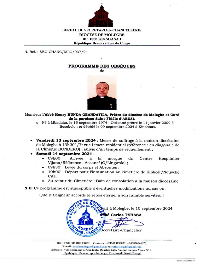 Programme Des Obsèques de MR L'abbé Henry HUNDA | PDF