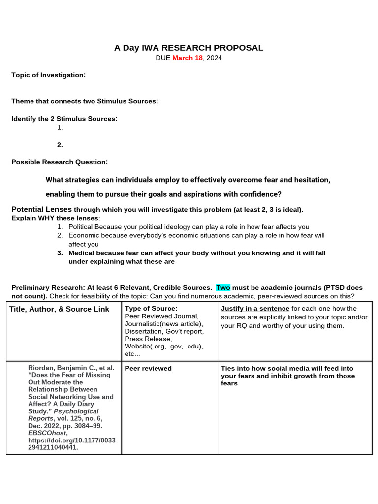 Cohen Wertz - Student - CaryHS - A Day IWA Research Proposal | PDF
