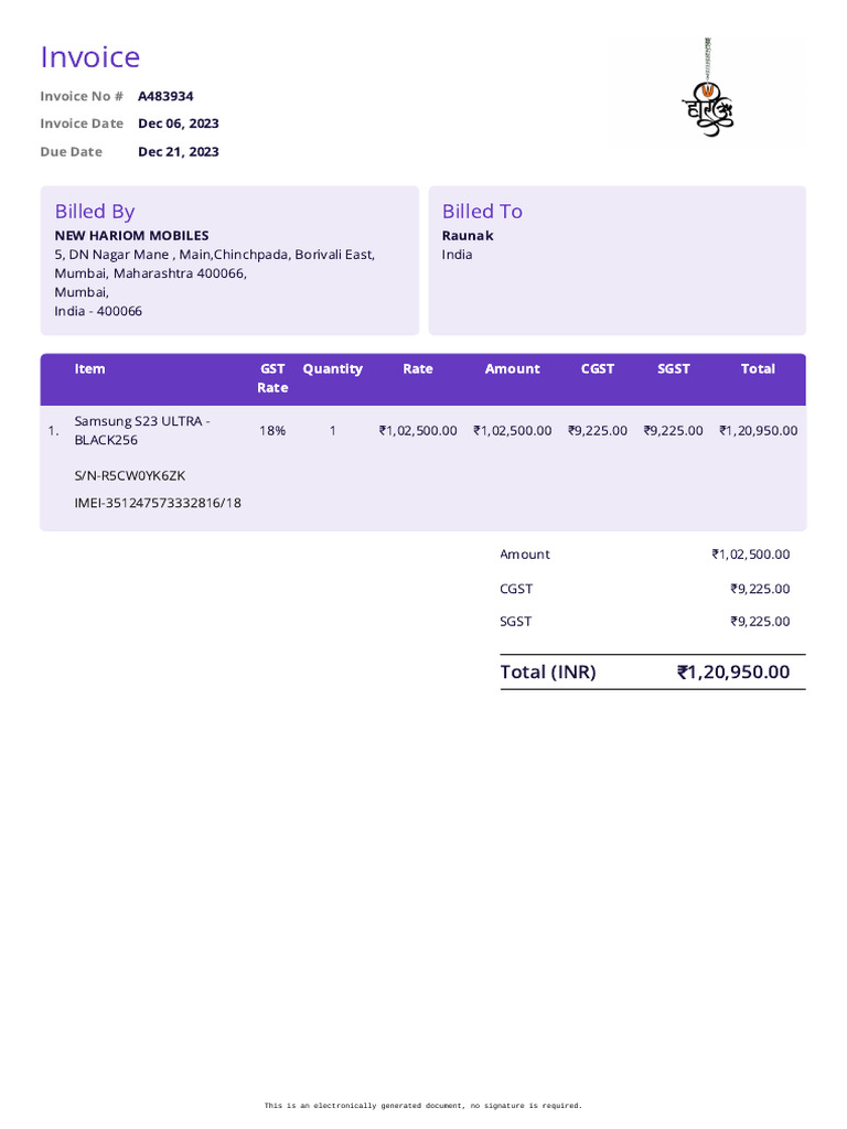 Invoice A483934 New Hariom Mobiles Raunak | PDF