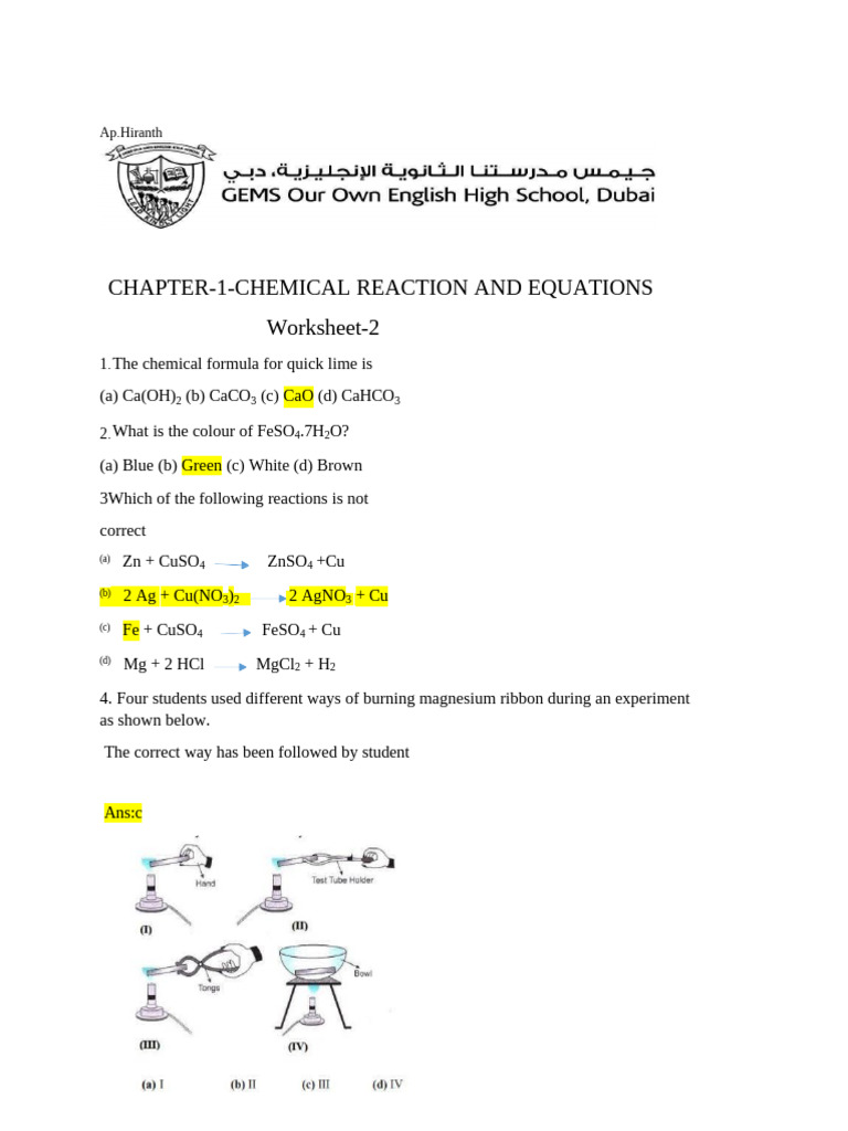 Worksheet Chemical Reaction | PDF