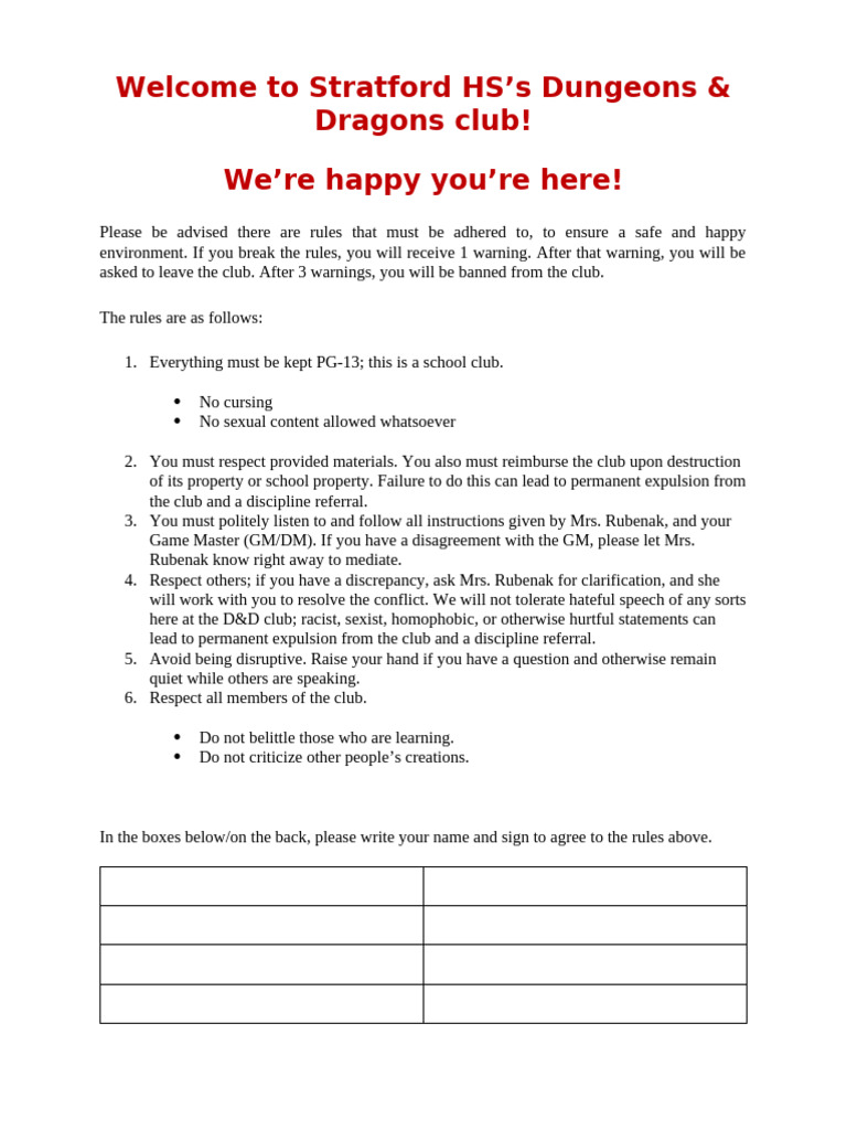 DnD Club Rules Sign Sheet | PDF