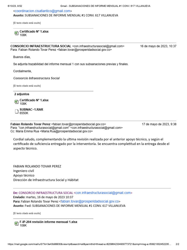 Gmail - SUBSANACIONES DE INFORME MENSUAL #1 CONV. 617 VILLANUEVA | PDF