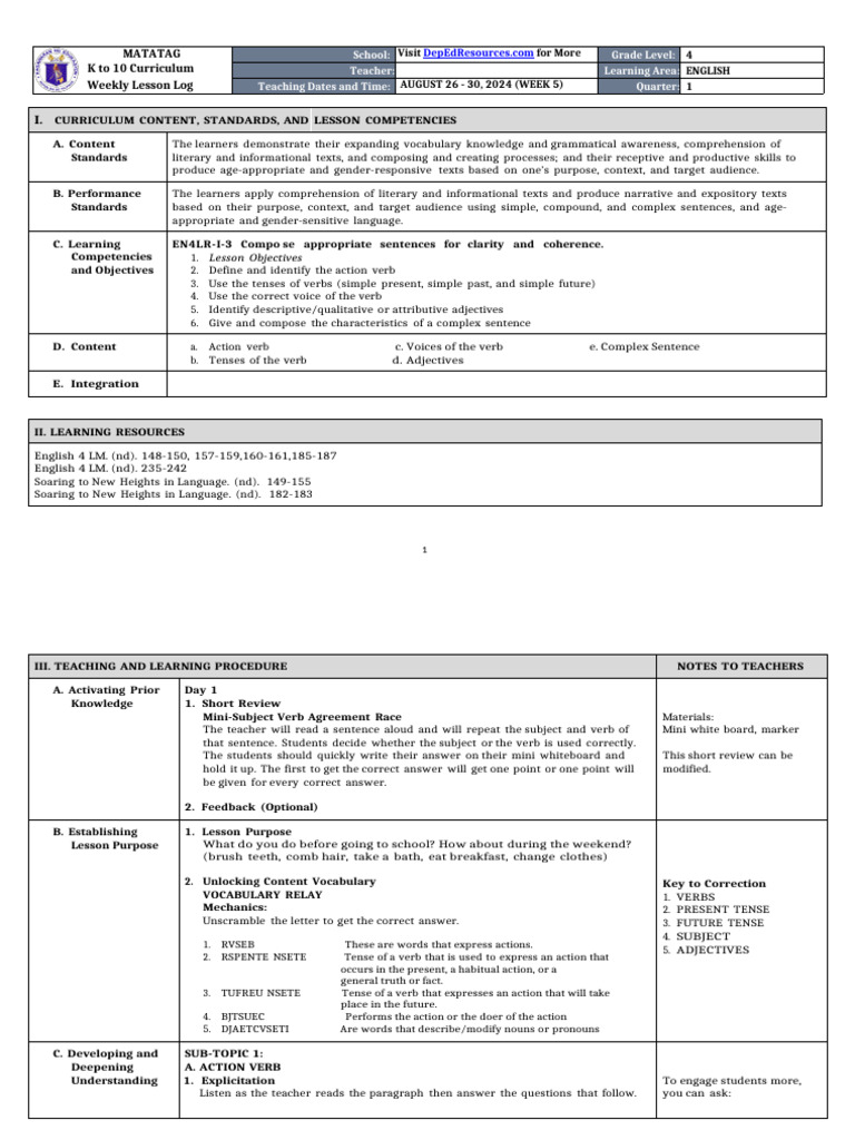 DLL Matatag - English 4 Q1 W5 | PDF