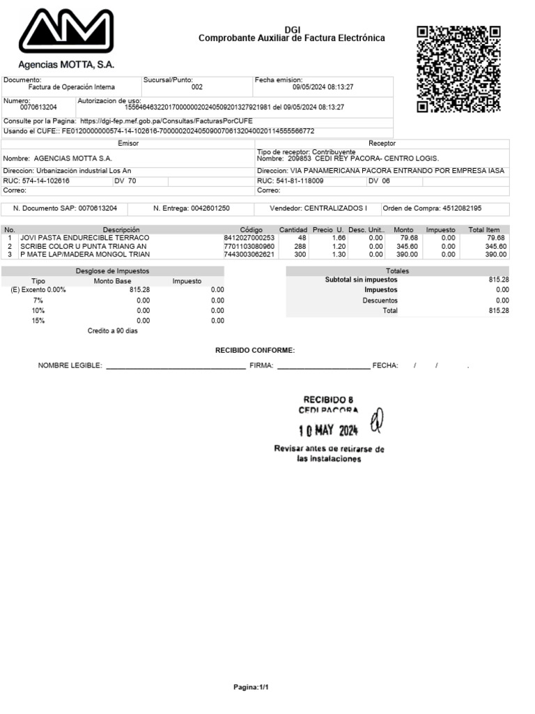 DGI Comprobante Auxiliar de Factura Electrónica: Recibido Conforme | PDF