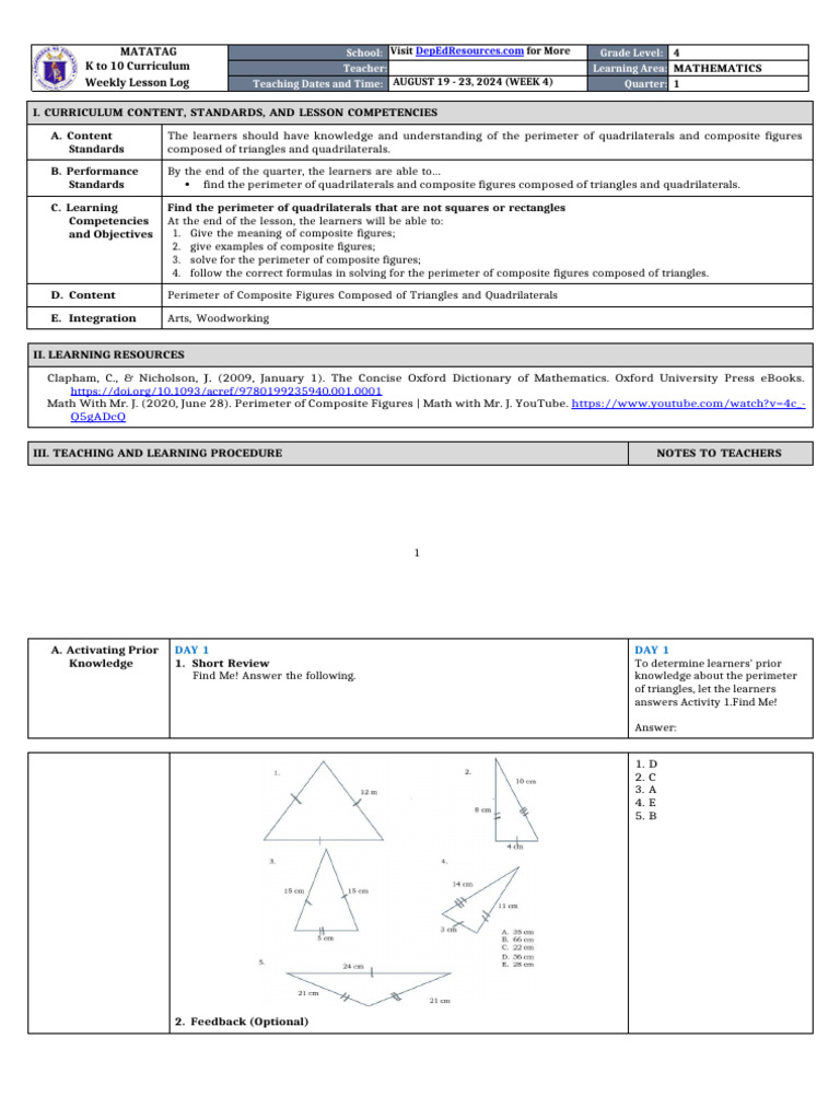 DLL Matatag - Math 4 Q1 W4 | PDF