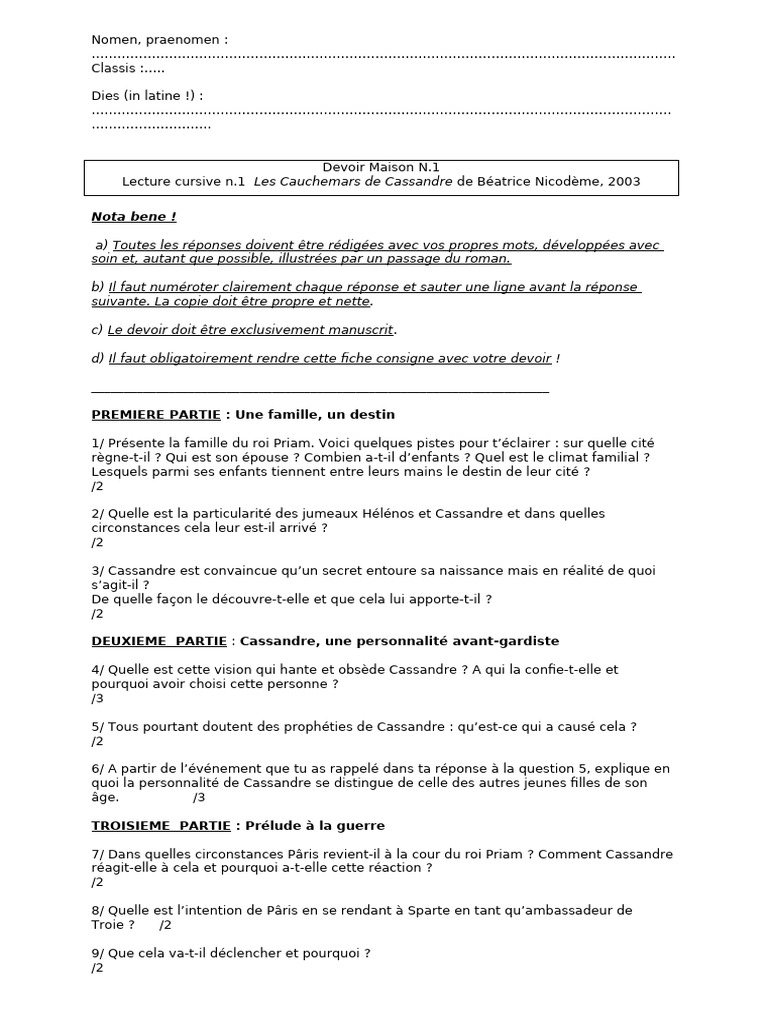 Lecture Cursive 5è 2022 Les Cauchemars de Cassandre | PDF
