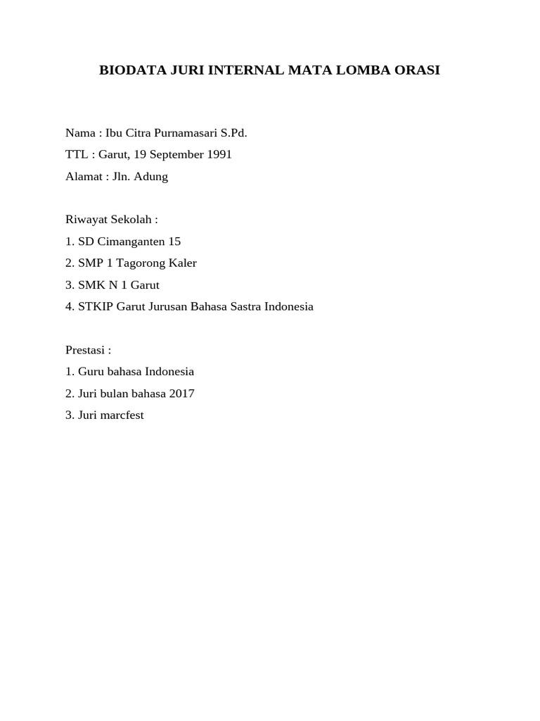 Biodata Juri Internal Mata Lomba Orasi Dan Pembawa Berita | PDF