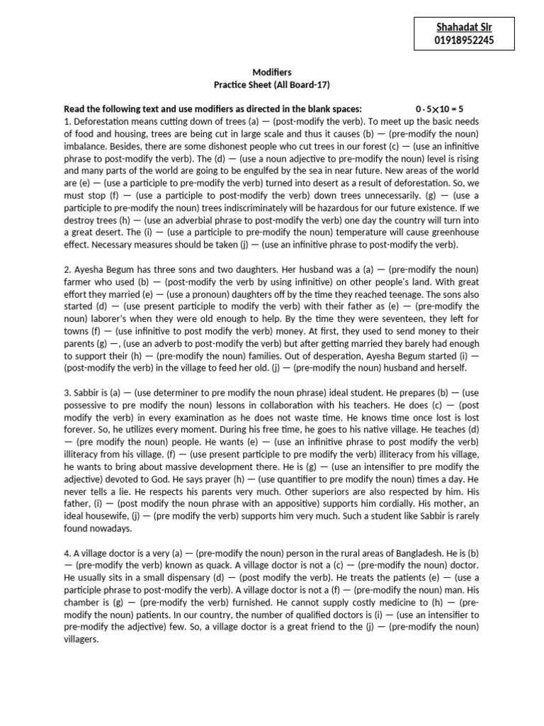 Modifier Practice Sheet Stud | PDF