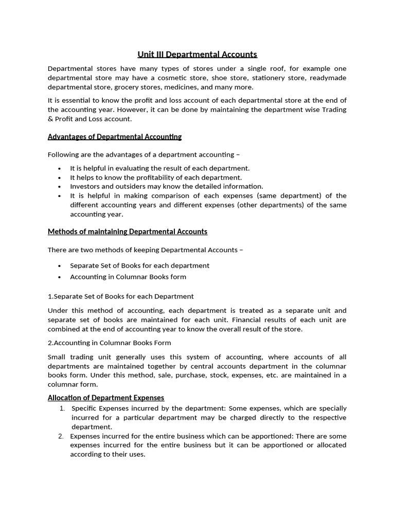 Unit III Departmental Accounts | PDF | Expense | Finance & Money Management