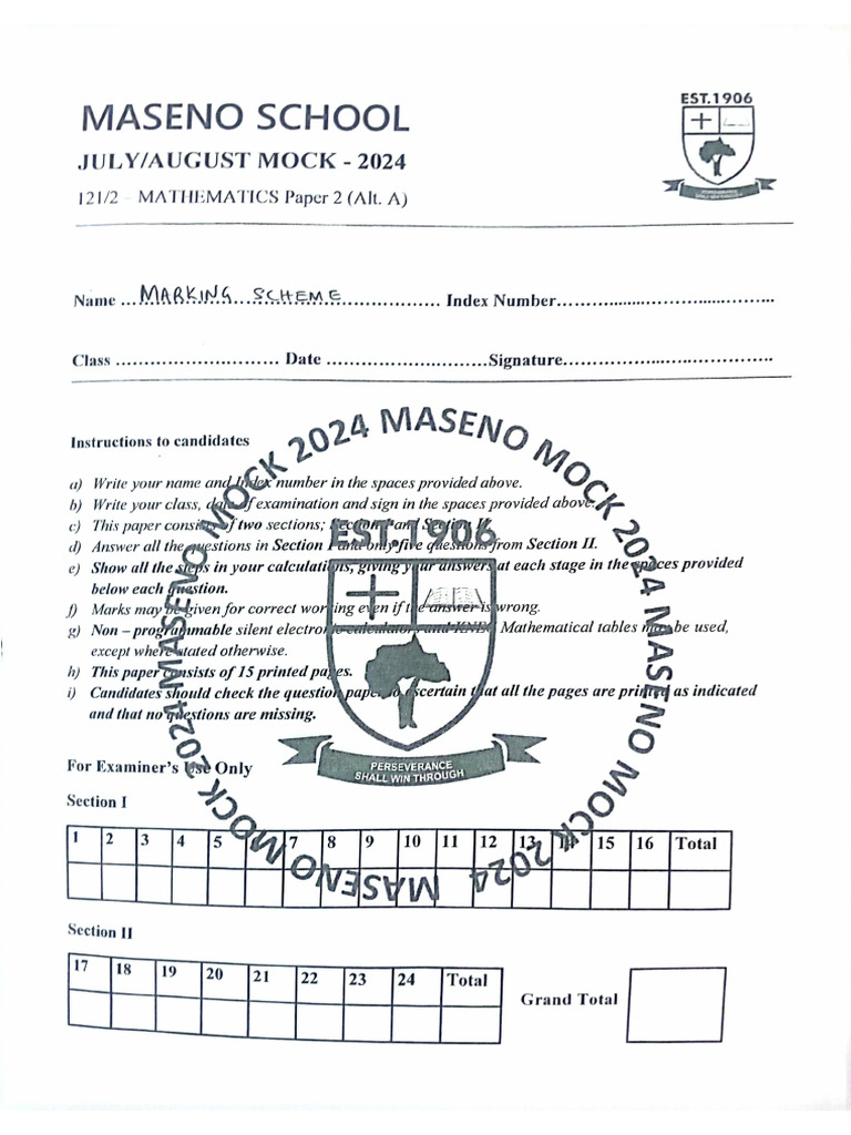 MATHS PAPER 2 MOCK 2024 SCHEME | PDF