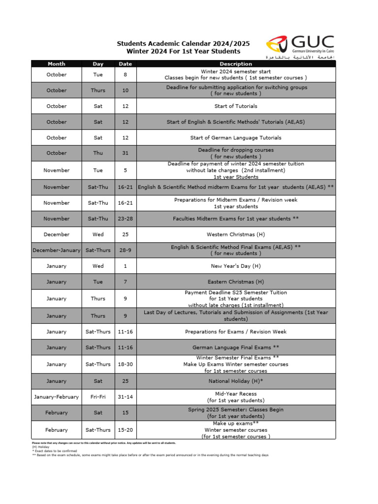 GUC - Winter 2024 Calendar - 1st Year Students - Final | PDF