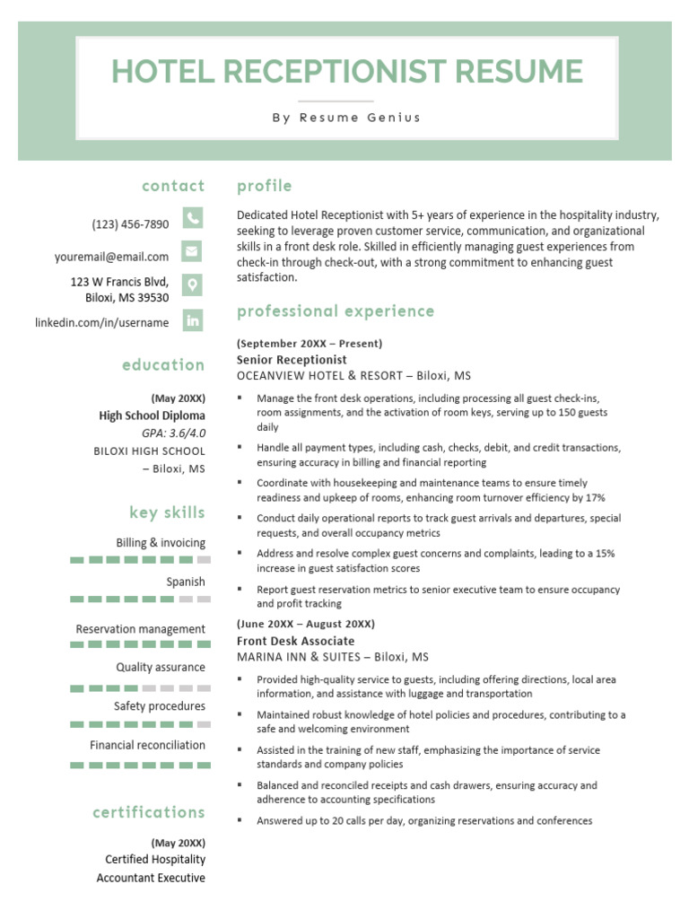 Hotel Receptionist Resume Example Download Cosmopolitan Green | PDF