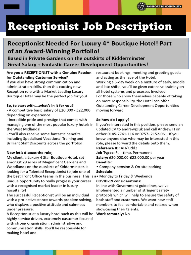 Un2e210 Receptionist Job Description | PDF