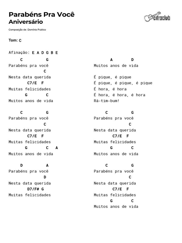 Cifra Club - Aniversário - Parabéns Pra Você | PDF