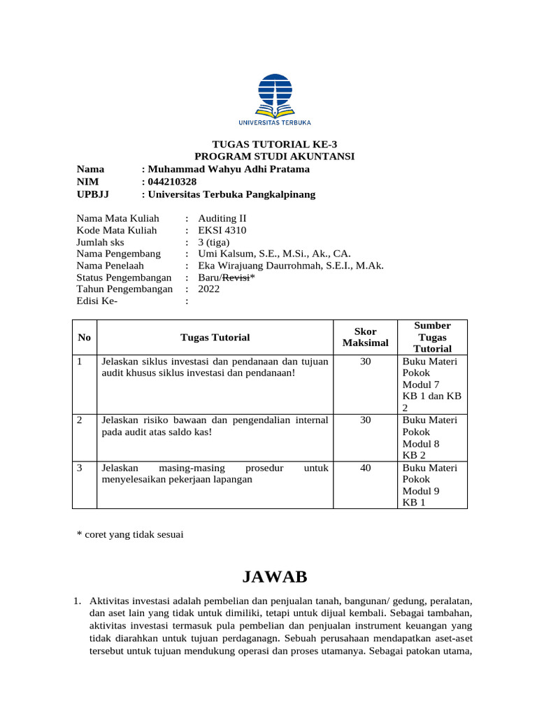 TUGAS TUTORIAL KE-3 AUDITING 2 M. Wahyu Adhi P. NIM 044210328 | PDF