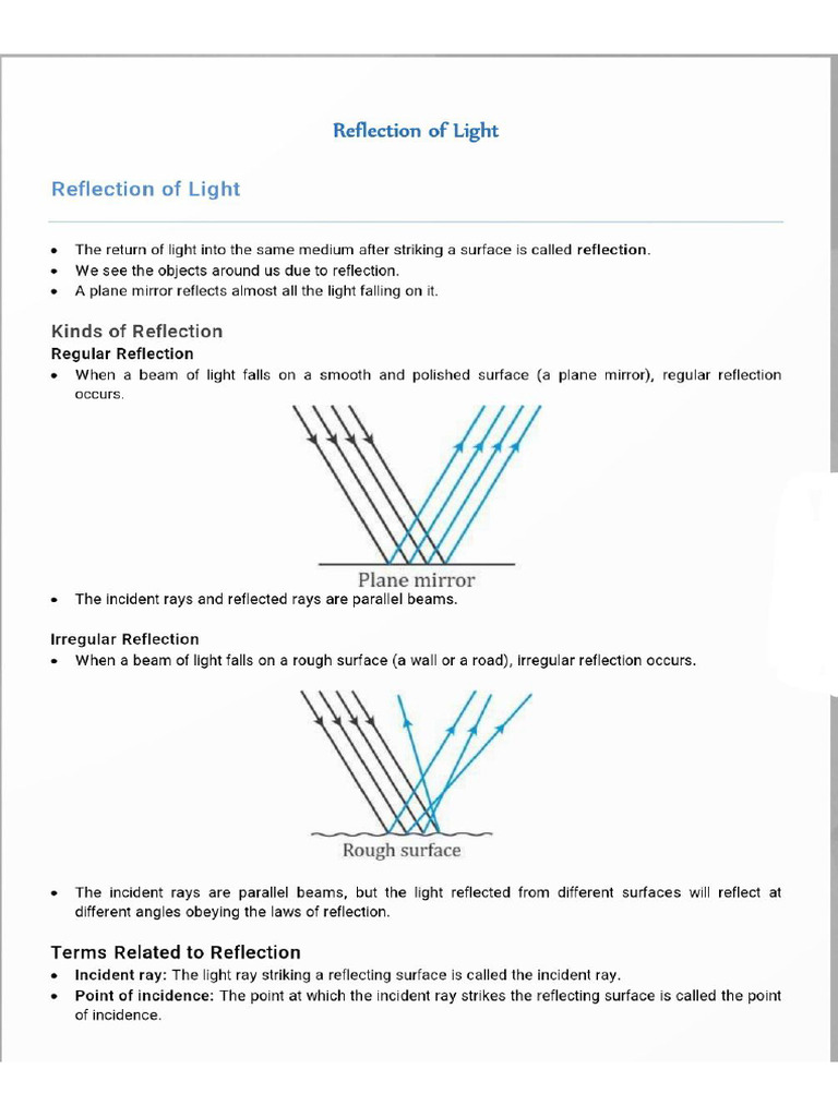 Chap 7- REFLECTION OF LIGHT (NOTES-I) | PDF