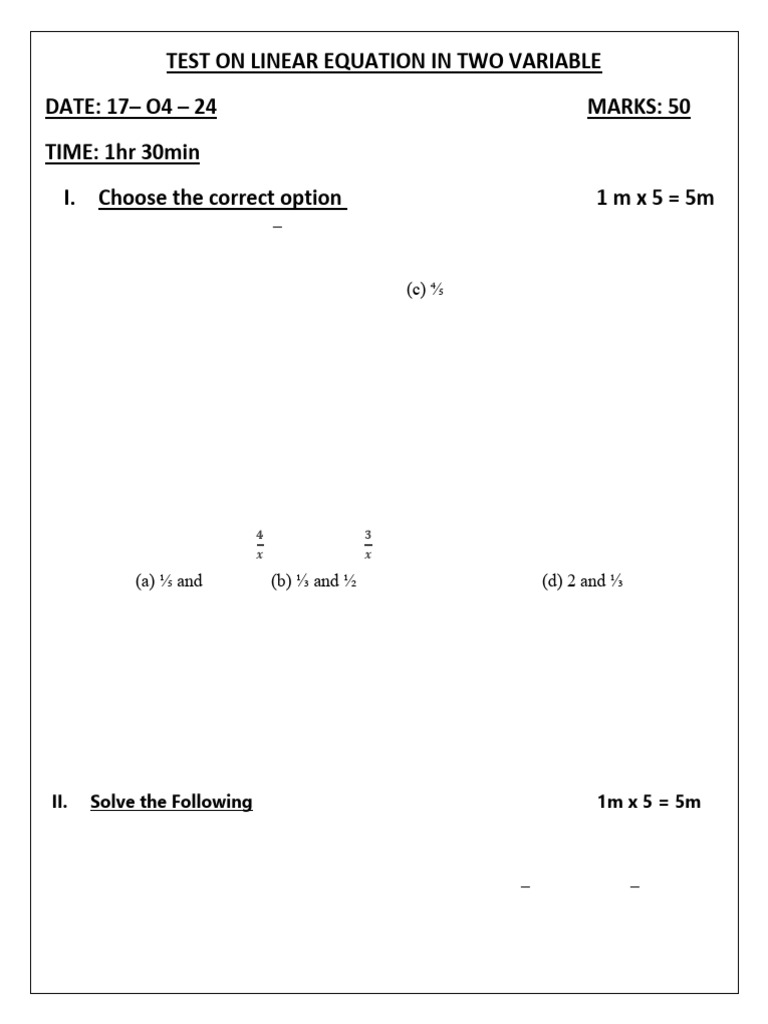 TEST ON Linear Equation | PDF