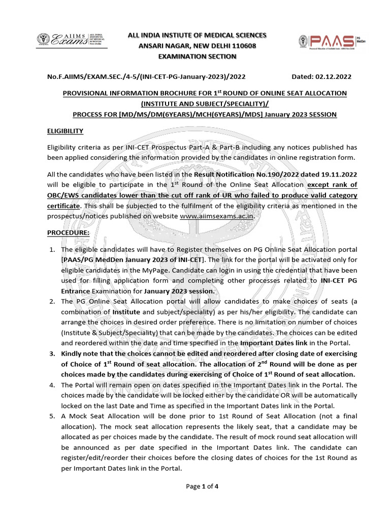 2023 JAN INI-CET 1st Online Seat Allocation 1.2 Information Brochure ...
