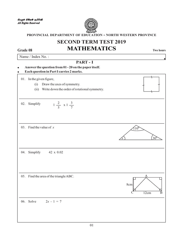 Grade 08 Mathematics 2nd Term Test Paper 2019 English Medium - North ...