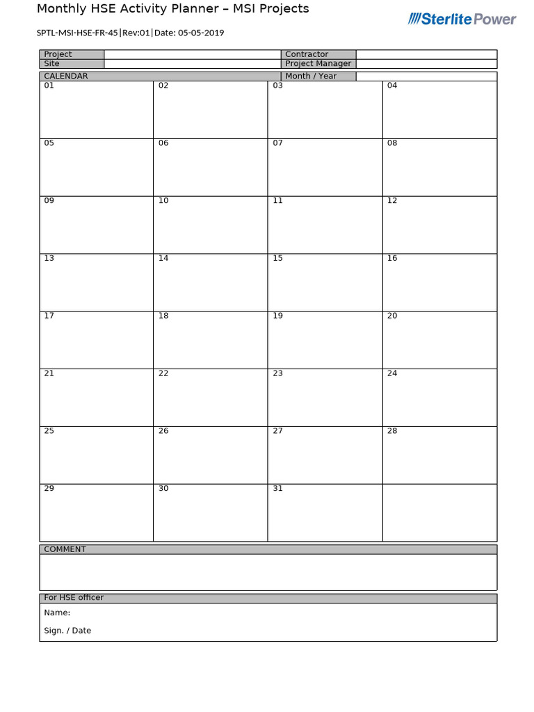 SPTL-MSI-HSE-FR-45-Monthly HSE Activity Planner | PDF