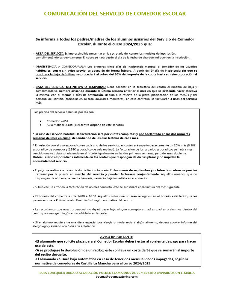 Normas y Tarifas Comedor Escolar 2024/25 | PDF