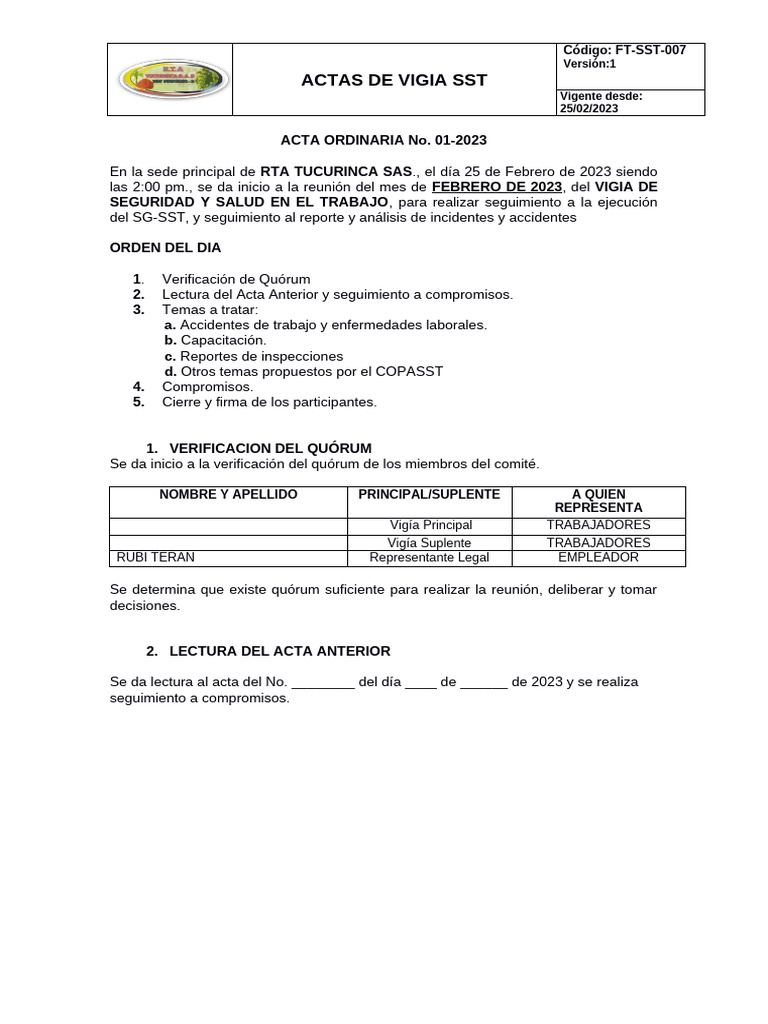 FT-SST-007 Acta Reunion Vigia SST | PDF