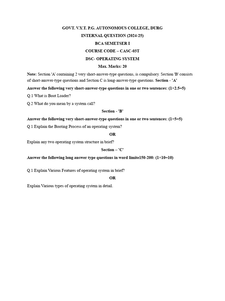 5498 - 1339 - BCA-I Sem. CASC-03T BCA I SEM OS INTERNAL QP | PDF