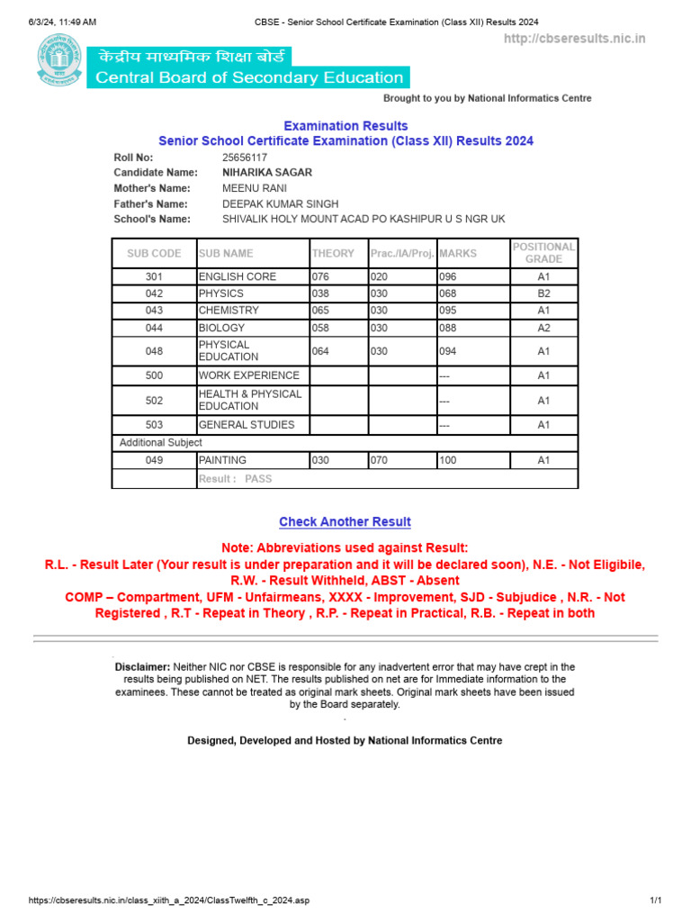 CBSE - Senior School Certificate Examination (Class XII) Results 2024 | PDF